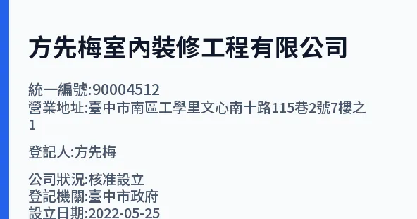 方先梅室內裝修工程有限公司的照片-統編 90004512(臺中市) 公司登記資料與營業項目詳細圖表