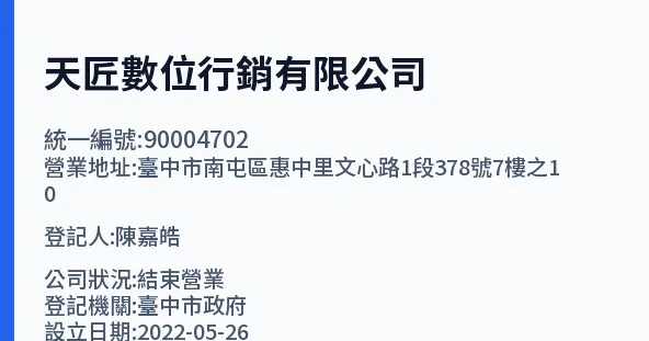 天匠數位行銷有限公司的照片-統編 90004702(臺中市) 公司登記資料與營業項目詳細圖表
