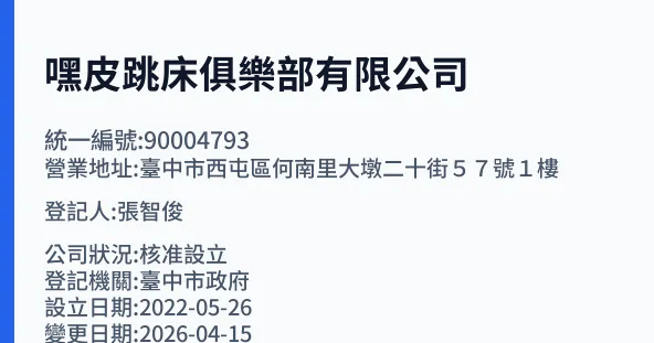 嘿皮跳床俱樂部有限公司的照片-統編 90004793(臺中市) 公司登記資料與營業項目詳細圖表