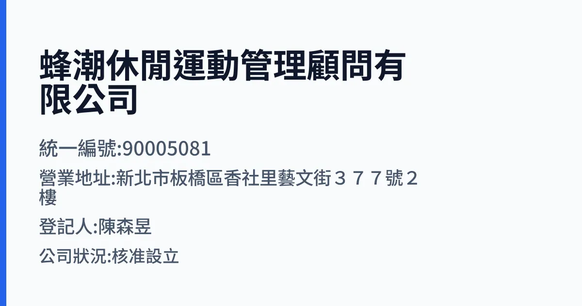 蜂潮休閒運動管理顧問有限公司 - 統編 90005081(新北市) 公司登記資料與營業項目詳細圖表