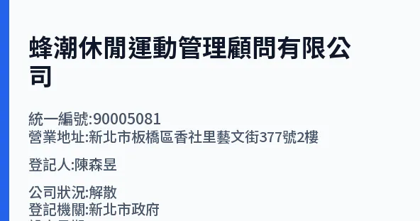 蜂潮休閒運動管理顧問有限公司的照片-統編 90005081(新北市) 公司登記資料與營業項目詳細圖表