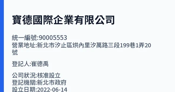 寶德國際企業有限公司的照片-統編 90005553(新北市) 公司登記資料與營業項目詳細圖表