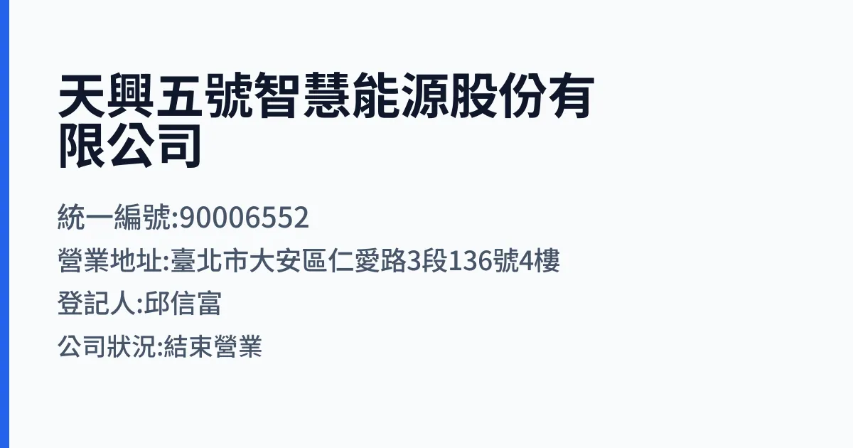 天興五號智慧能源股份有限公司 - 統編 90006552(臺北市) 公司登記資料與營業項目詳細圖表