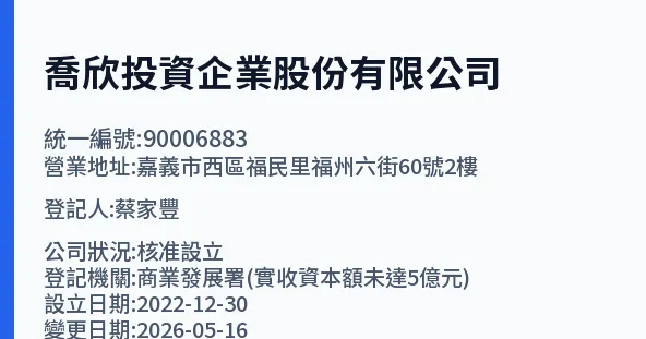 喬欣投資企業股份有限公司的照片-統編 90006883(嘉義市) 公司登記資料與營業項目詳細圖表
