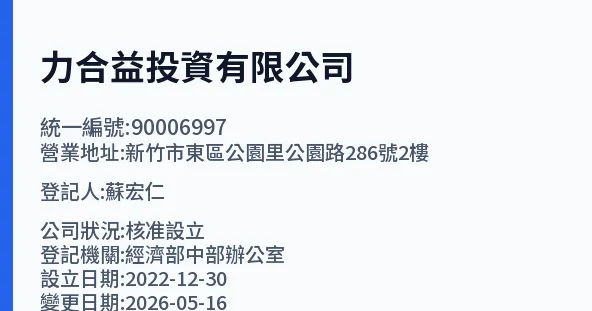 力合益投資有限公司的照片-統編 90006997(新竹市) 公司登記資料與營業項目詳細圖表