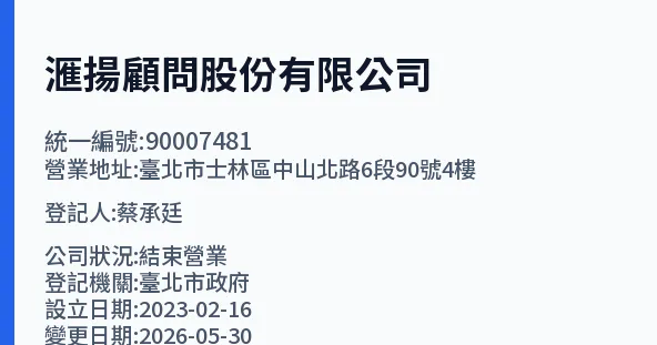 滙揚顧問股份有限公司的照片-統編 90007481(臺北市) 公司登記資料與營業項目詳細圖表