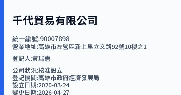 千代貿易有限公司的照片-統編 90007898(高雄市) 公司登記資料與營業項目詳細圖表
