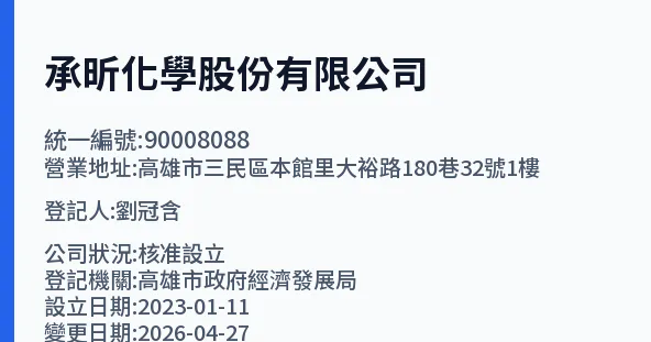 承昕化學股份有限公司的照片-統編 90008088(高雄市) 公司登記資料與營業項目詳細圖表
