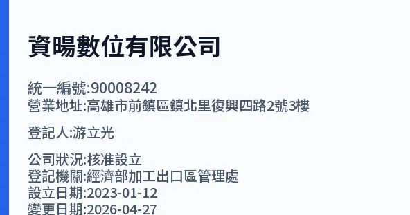 資暘數位有限公司的照片-統編 90008242(高雄市) 公司登記資料與營業項目詳細圖表