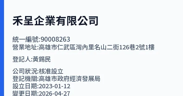 禾呈企業有限公司的照片-統編 90008263(高雄市) 公司登記資料與營業項目詳細圖表