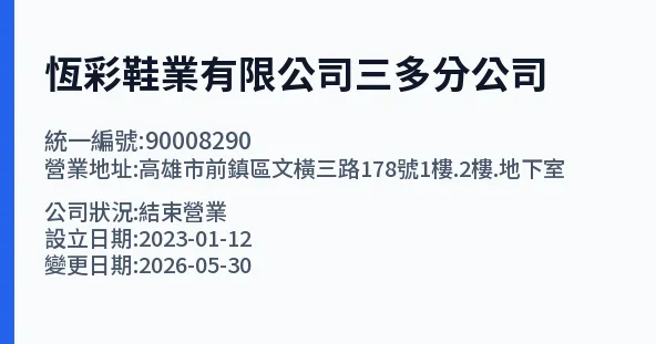 恆彩鞋業有限公司三多分公司的照片-統編 90008290(高雄市) 公司登記資料與營業項目詳細圖表