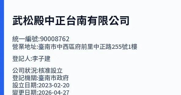 武松殿中正台南有限公司的照片-統編 90008762(臺南市) 公司登記資料與營業項目詳細圖表