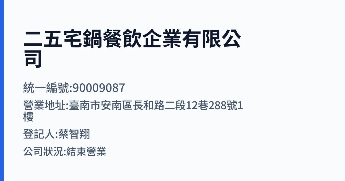二五宅鍋餐飲企業有限公司 - 統編 90009087(臺南市) 公司登記資料與營業項目詳細圖表