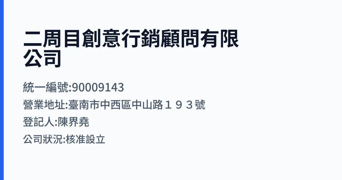 二周目創意行銷顧問有限公司 - 統編 90009143(臺南市) 公司登記資料與營業項目詳細圖表