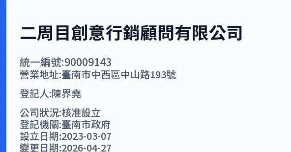 二周目創意行銷顧問有限公司的照片-統編 90009143(臺南市) 公司登記資料與營業項目詳細圖表