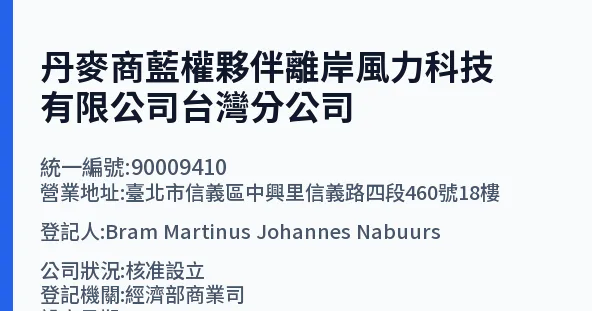 丹麥商藍權夥伴離岸風力科技有限公司台灣分公司的照片-統編 90009410(臺北市) 公司登記資料與營業項目詳細圖表