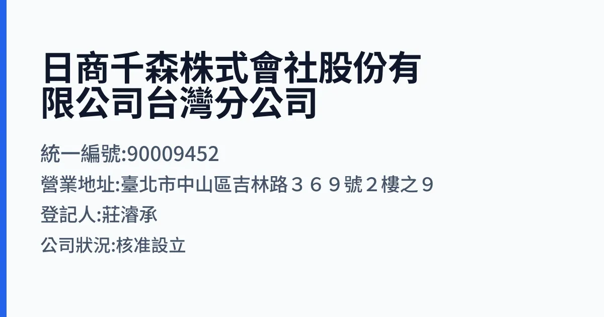 日商千森株式會社股份有限公司台灣分公司 - 統編 90009452(臺北市) 公司登記資料與營業項目詳細圖表