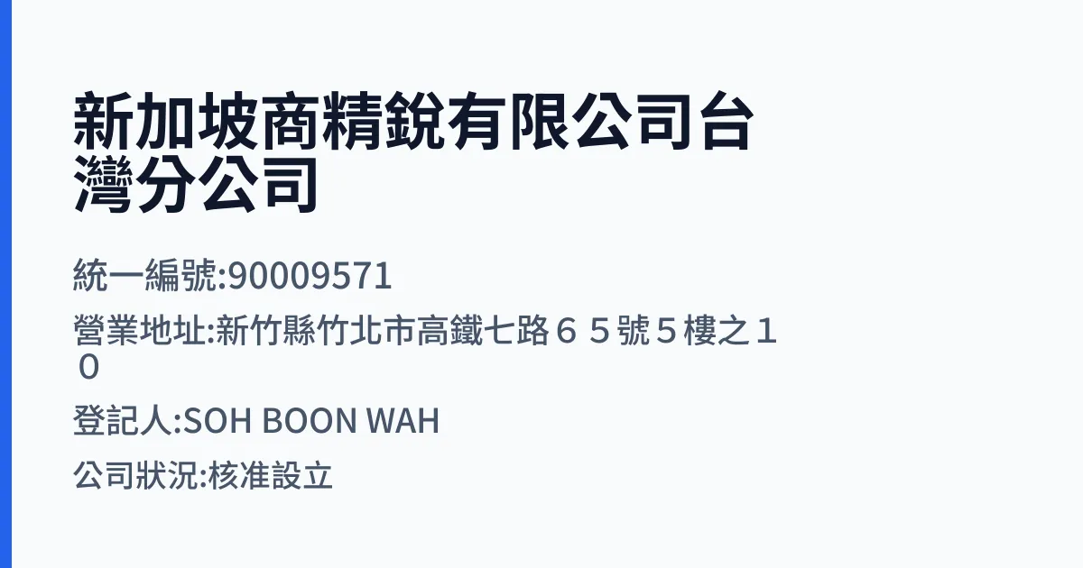 新加坡商精銳有限公司台灣分公司 - 統編 90009571(新竹縣) 公司登記資料與營業項目詳細圖表