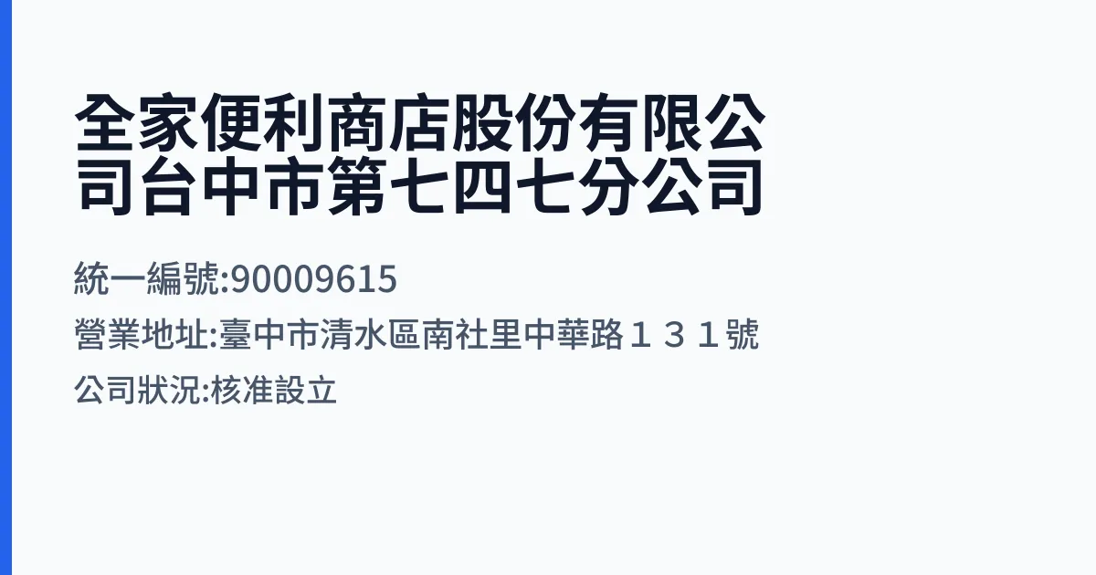 全家便利商店股份有限公司台中市第七四七分公司 - 統編 90009615(臺中市) 公司登記資料與營業項目詳細圖表