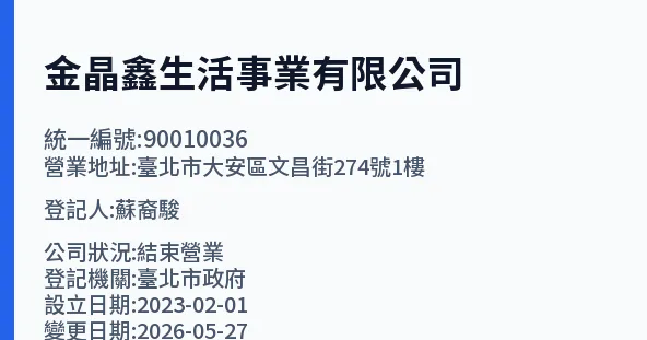 金晶鑫生活事業有限公司的照片-統編 90010036(臺北市) 公司登記資料與營業項目詳細圖表