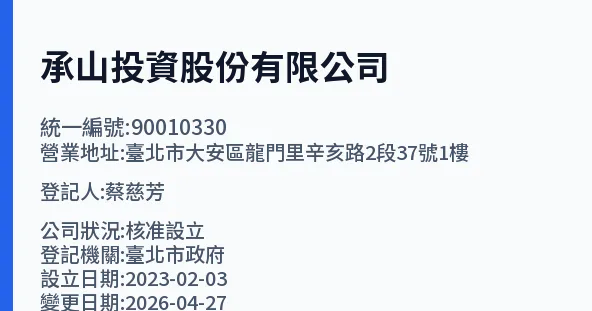 承山投資股份有限公司的照片-統編 90010330(臺北市) 公司登記資料與營業項目詳細圖表