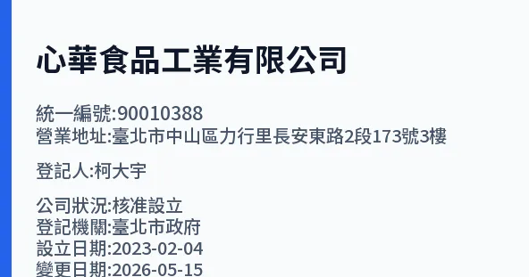 心華食品工業有限公司的照片-統編 90010388(臺北市) 公司登記資料與營業項目詳細圖表