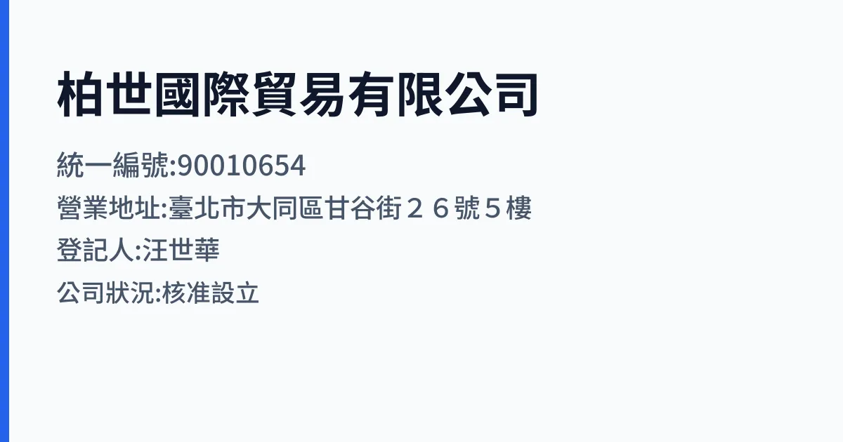 柏世國際貿易有限公司 - 統編 90010654(臺北市) 公司登記資料與營業項目詳細圖表