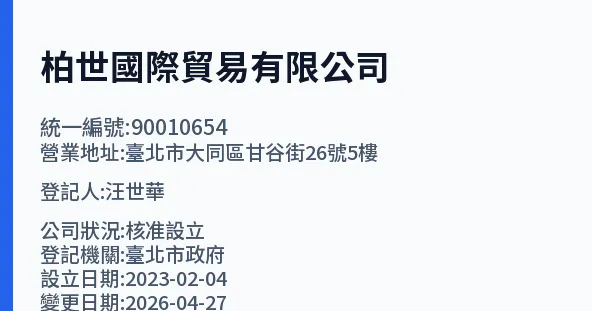柏世國際貿易有限公司的照片-統編 90010654(臺北市) 公司登記資料與營業項目詳細圖表