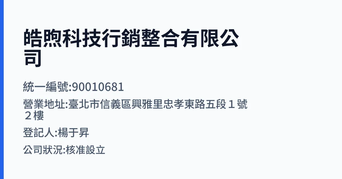 皓煦科技行銷整合有限公司 - 統編 90010681(臺北市) 公司登記資料與營業項目詳細圖表