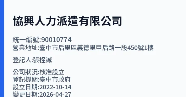 協興人力派遣有限公司的照片-統編 90010774(臺中市) 公司登記資料與營業項目詳細圖表
