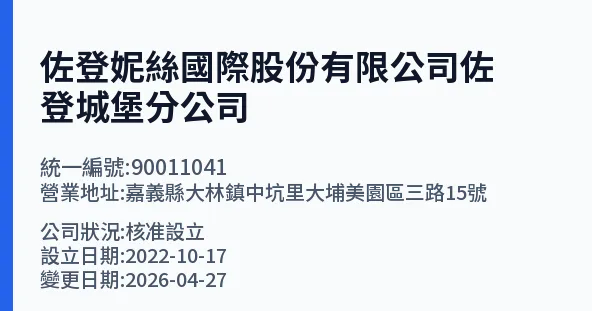 佐登妮絲國際股份有限公司佐登城堡分公司的照片-統編 90011041(嘉義縣) 公司登記資料與營業項目詳細圖表