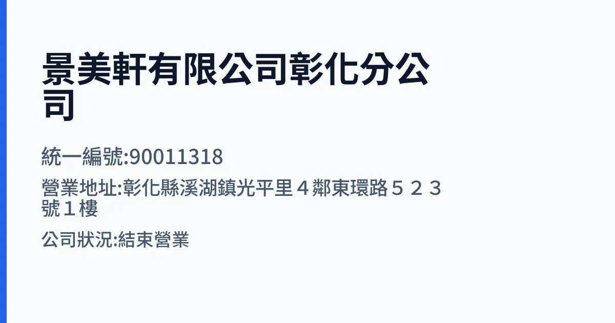 景美軒有限公司彰化分公司 - 統編 90011318(彰化縣) 公司登記資料與營業項目詳細圖表