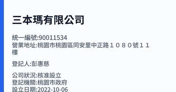 三本瑪有限公司的照片-統編 90011534(桃園市) 公司登記資料與營業項目詳細圖表