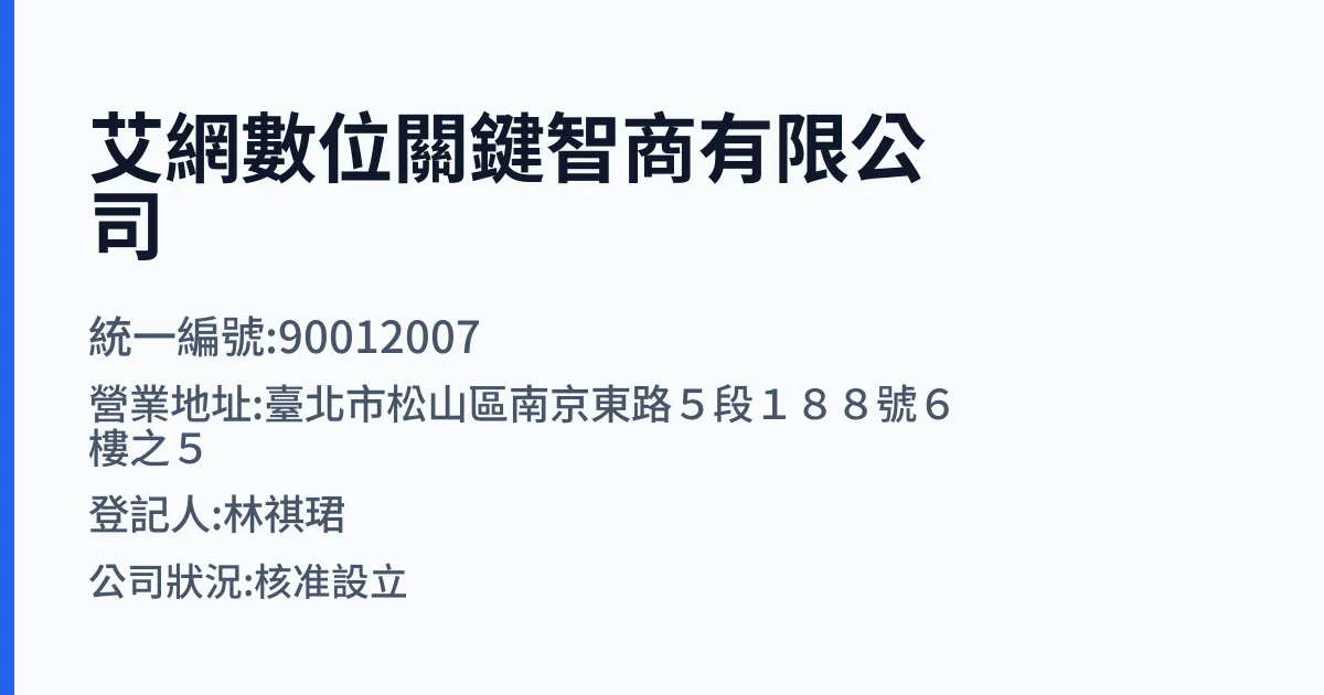 艾網數位關鍵智商有限公司 - 統編 90012007(臺北市) 公司登記資料與營業項目詳細圖表