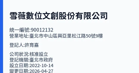 雪薇數位文創股份有限公司的照片-統編 90012132(臺北市) 公司登記資料與營業項目詳細圖表