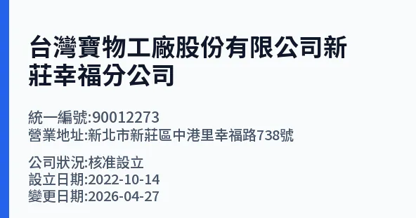 台灣寶物工廠股份有限公司新莊幸福分公司的照片-統編 90012273(新北市) 公司登記資料與營業項目詳細圖表