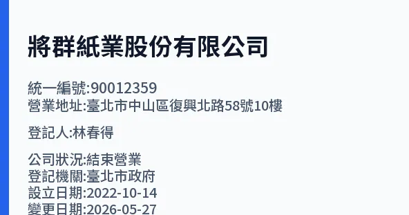 將群紙業股份有限公司的照片-統編 90012359(臺北市) 公司登記資料與營業項目詳細圖表