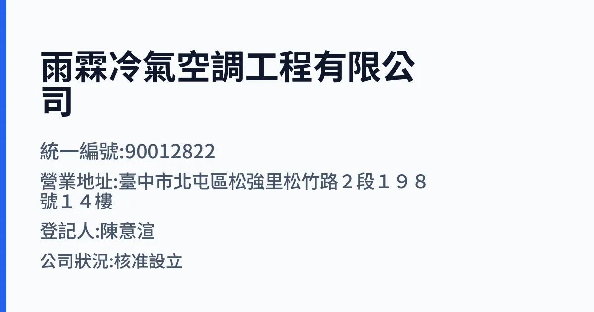 雨霖冷氣空調工程有限公司 - 統編 90012822(臺中市) 公司登記資料與營業項目詳細圖表