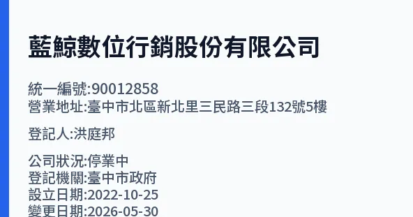 藍鯨數位行銷股份有限公司的照片-統編 90012858(臺中市) 公司登記資料與營業項目詳細圖表