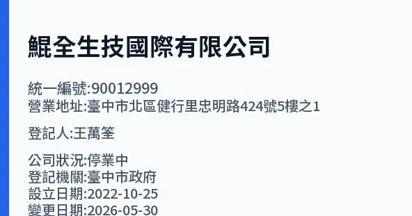 鯤全生技國際有限公司的照片-統編 90012999(臺中市) 公司登記資料與營業項目詳細圖表