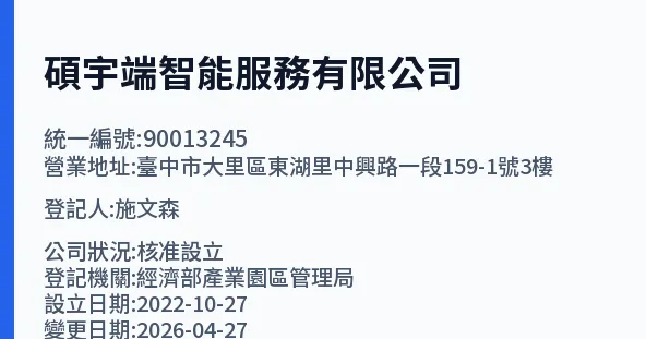 碩宇端智能服務有限公司的照片-統編 90013245(臺中市) 公司登記資料與營業項目詳細圖表