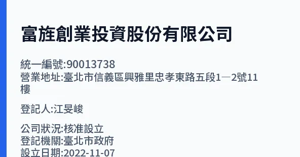 富旌創業投資股份有限公司的照片-統編 90013738(臺北市) 公司登記資料與營業項目詳細圖表