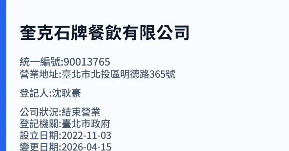 奎克石牌餐飲有限公司的照片-統編 90013765(臺北市) 公司登記資料與營業項目詳細圖表