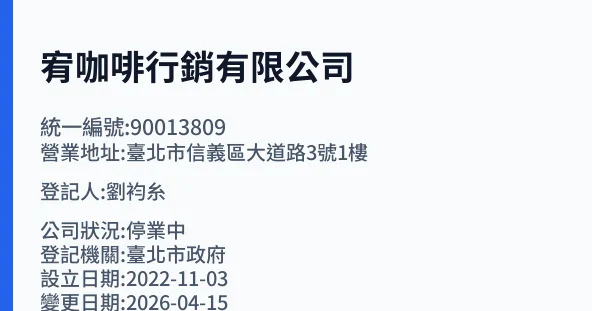 宥咖啡行銷有限公司的照片-統編 90013809(臺北市) 公司登記資料與營業項目詳細圖表