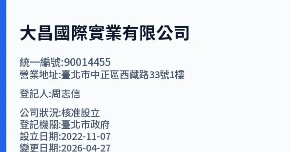 大昌國際實業有限公司的照片-統編 90014455(臺北市) 公司登記資料與營業項目詳細圖表