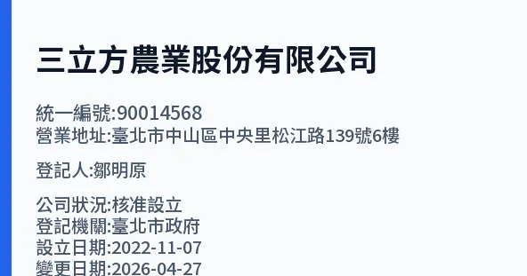 三立方農業股份有限公司的照片-統編 90014568(臺北市) 公司登記資料與營業項目詳細圖表