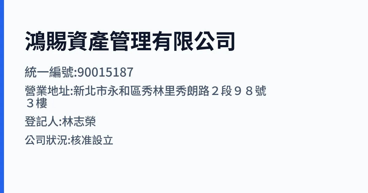 鴻賜資產管理有限公司 - 統編 90015187(新北市) 公司登記資料與營業項目詳細圖表