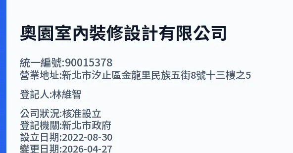 奧園室內裝修設計有限公司的照片-統編 90015378(新北市) 公司登記資料與營業項目詳細圖表