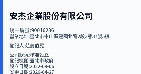 安杰企業股份有限公司的照片-統編 90016236(臺北市) 公司登記資料與營業項目詳細圖表