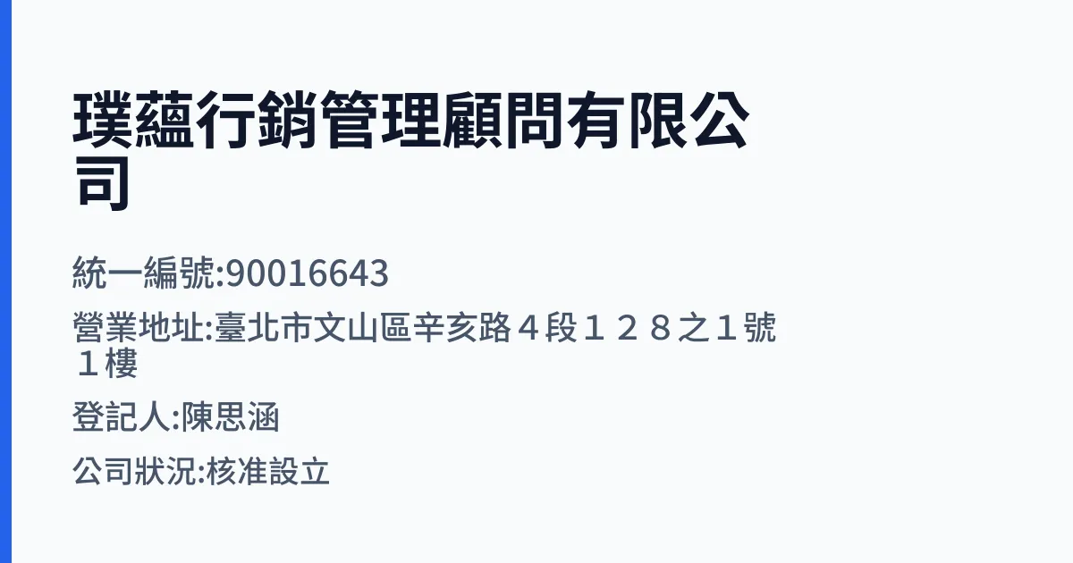 璞蘊行銷管理顧問有限公司 - 統編 90016643(臺北市) 公司登記資料與營業項目詳細圖表